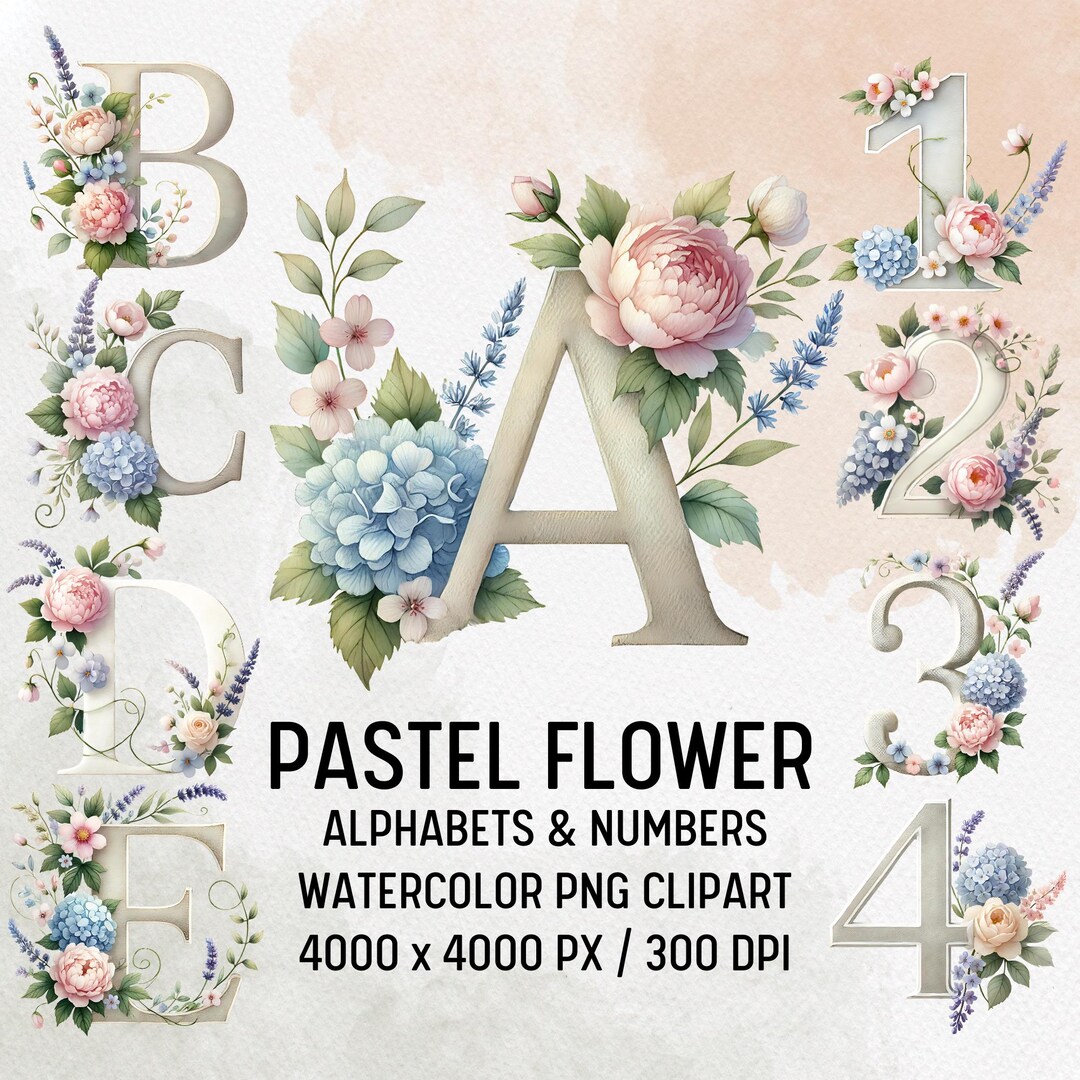 Watercolor Flower Alphabet PNG Clipart: Pastel Floral Letters (digital ...