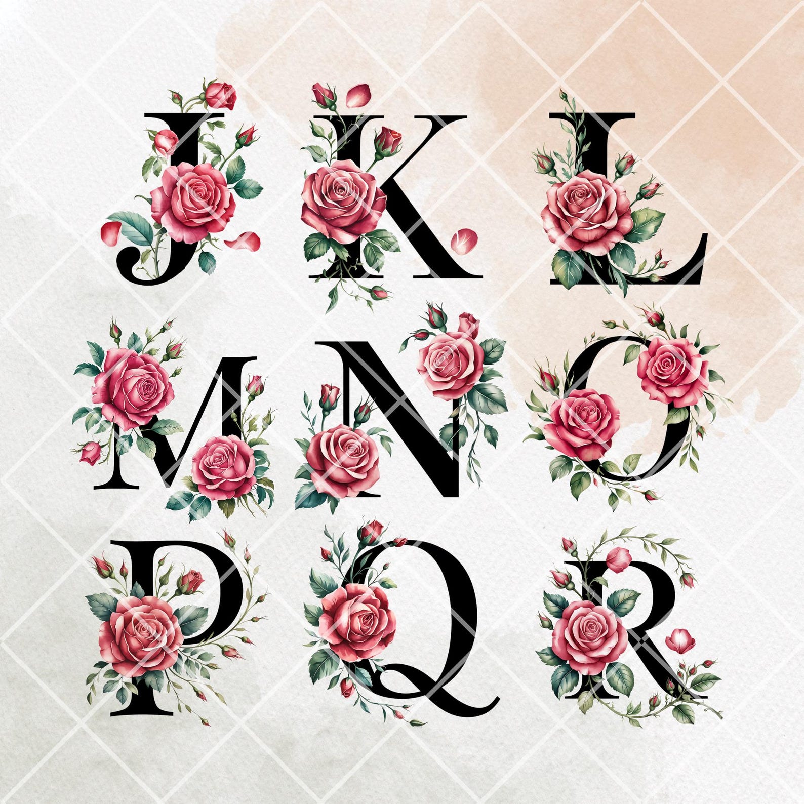 Red Rose Floral Alphabet Clipart: Black Letters (PNG Digital Download ...