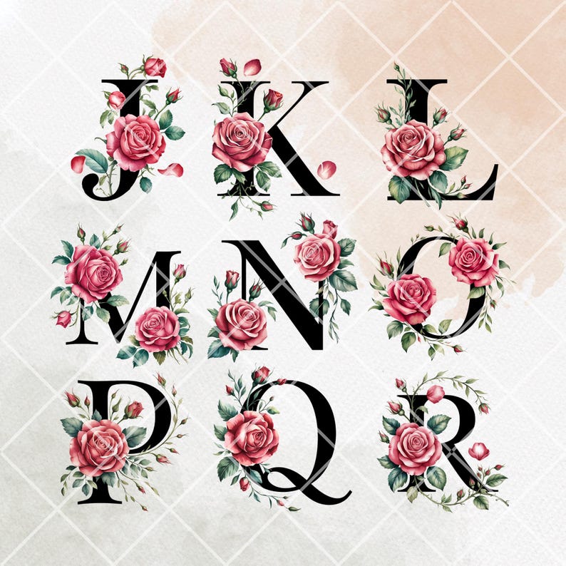 Red Rose Floral Alphabet Clipart: Black Letters (PNG Digital Download ...