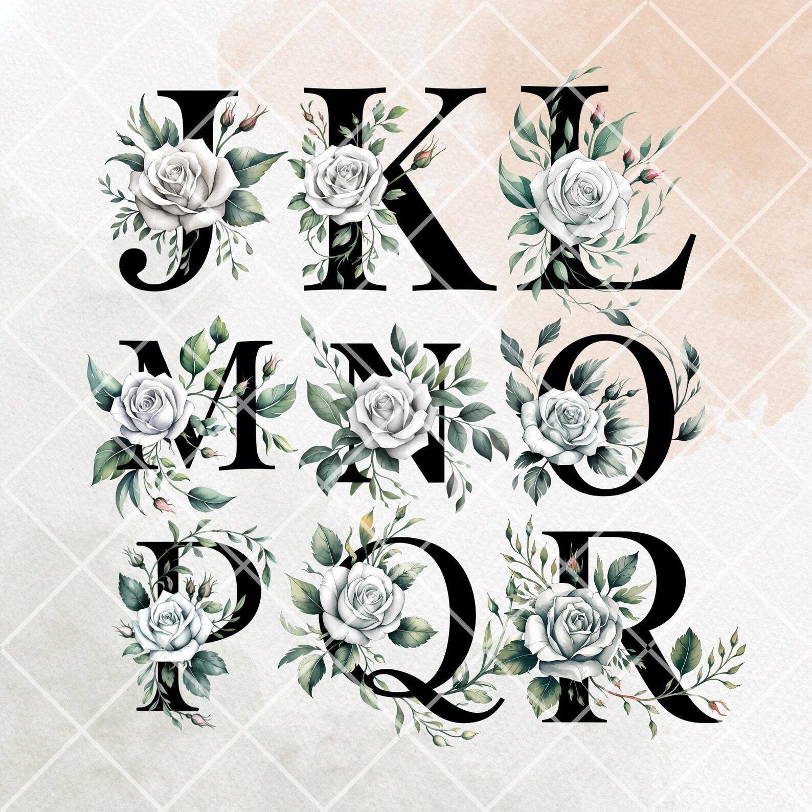 Watercolor Flowers Alphabet PNG, White Rose Black Alphabets Clipart ...