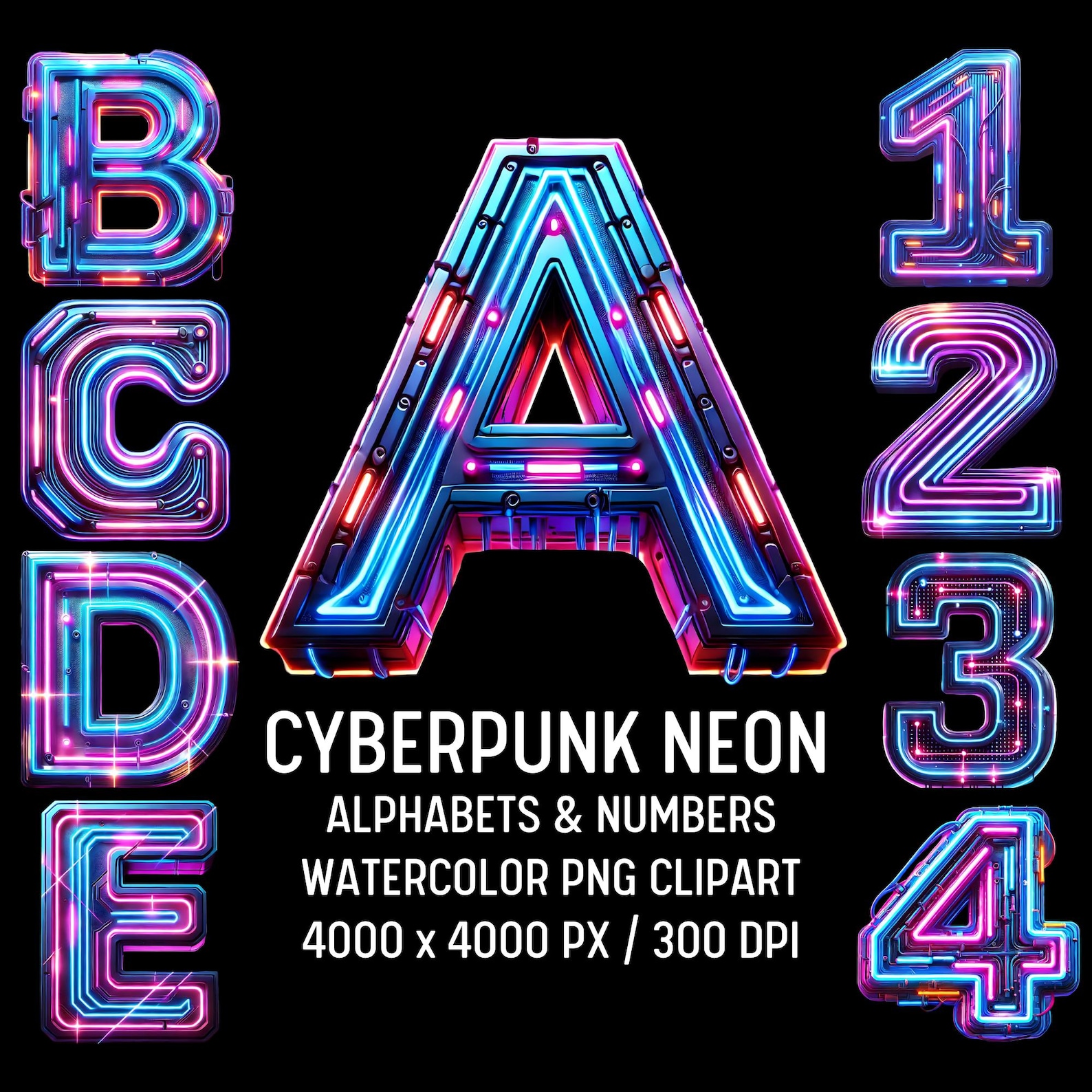 Cyberpunk Neon Alphabet Clipart, Neon Letters PNG Designs, Neon Font ...