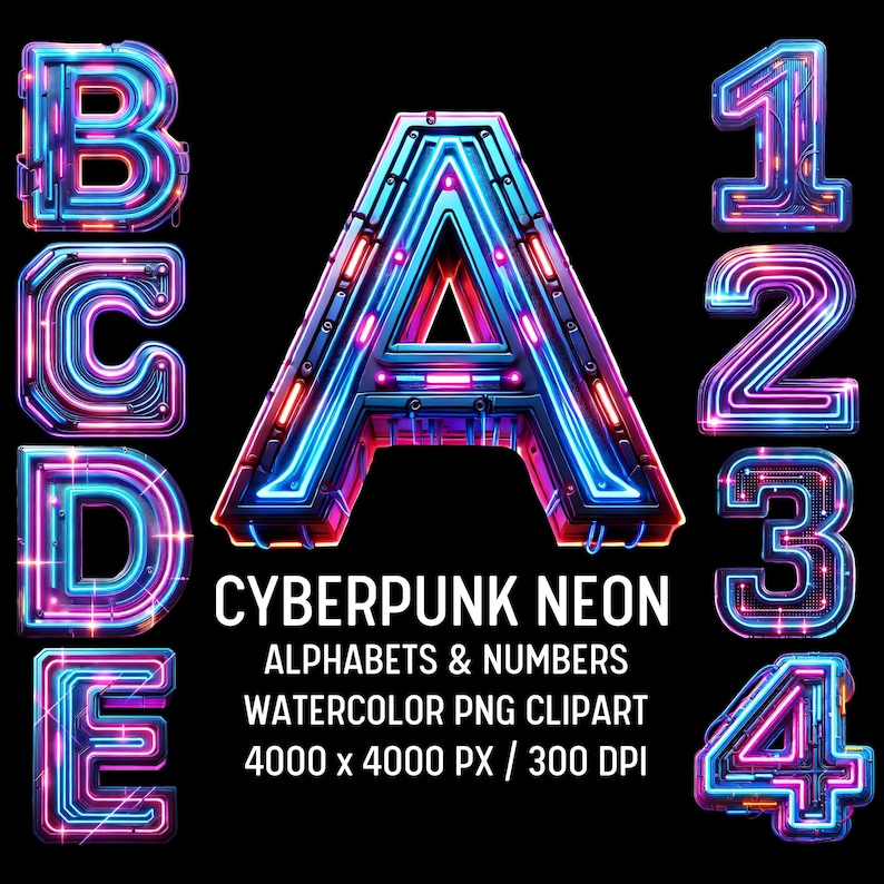 Cyberpunk Neon Alphabet Clipart, Neon Letters PNG Designs, Neon Font ...