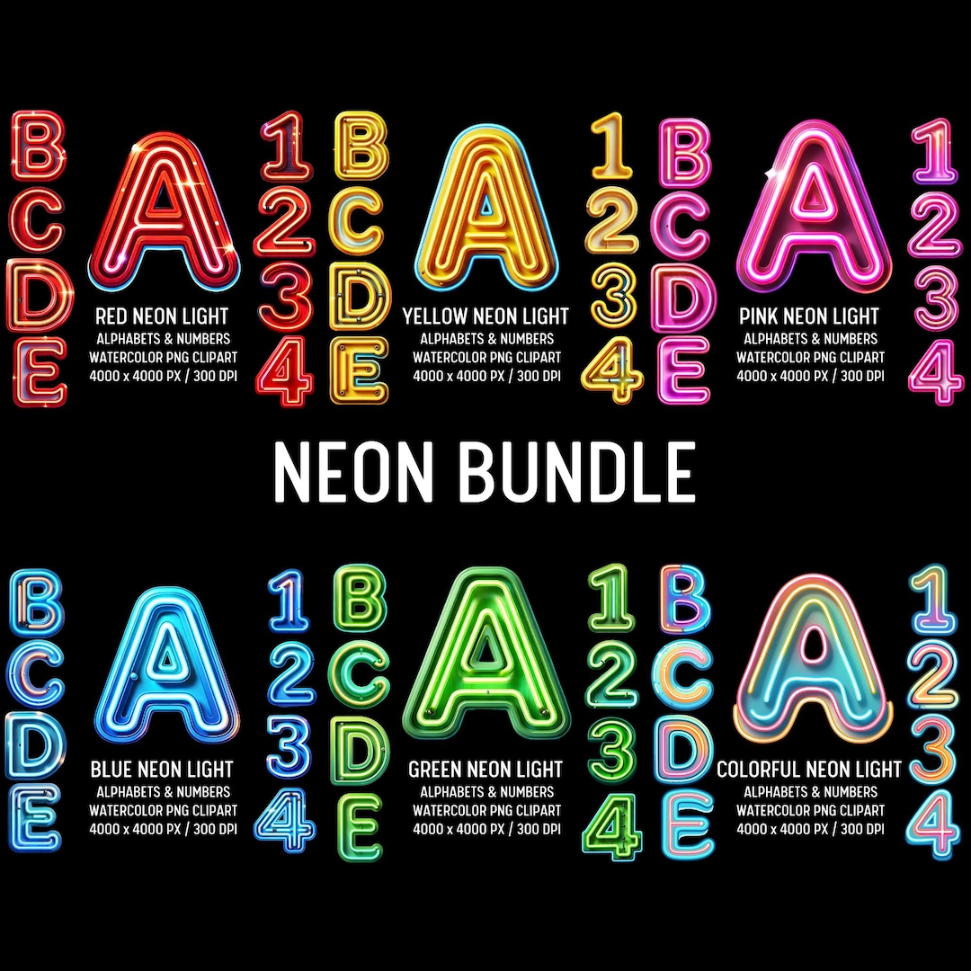 Neon Alphabet Clipart Bundle, Neon Letters PNG Designs, Neon Font, Neon ...
