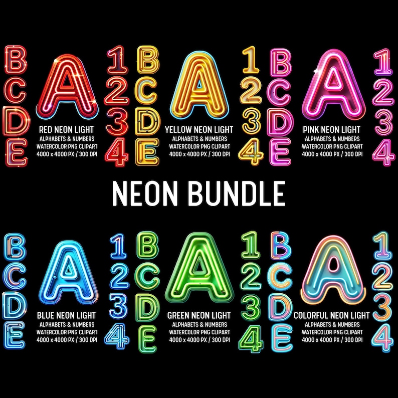 Neon Alphabet Clipart Bundle, Neon Letters PNG Designs, Neon Font, Neon ...