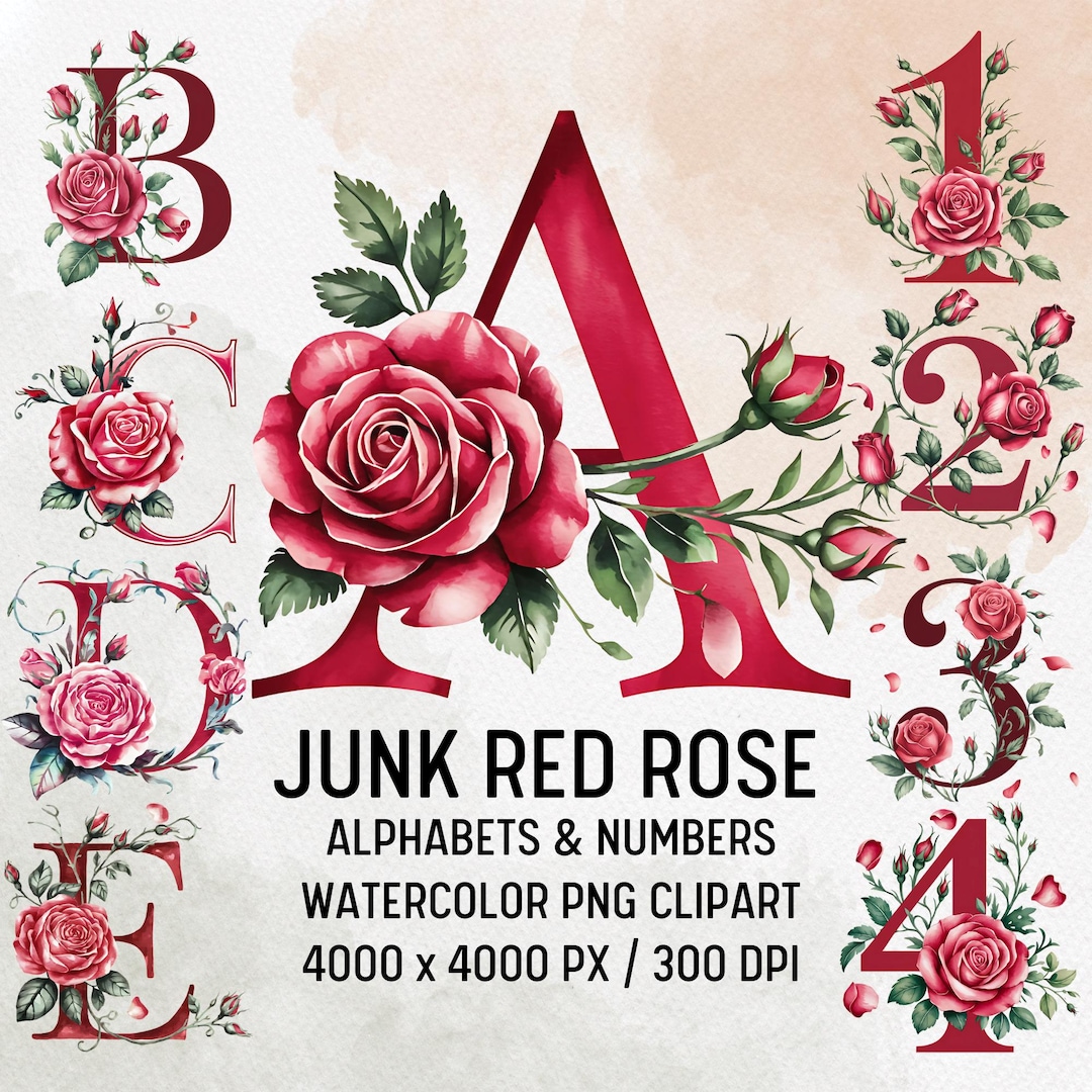 Watercolor Flowers Alphabet PNG, Red Rose Red Alphabets Clipart, Floral ...