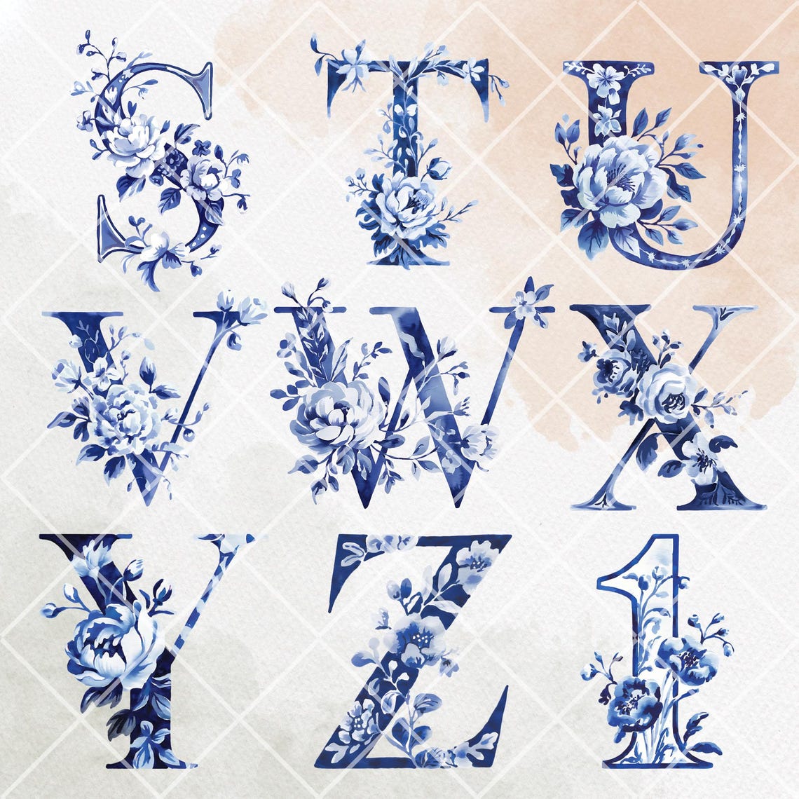 Chinoiserie Floral Alphabet PNG Clipart: Watercolor Blue Letters ...