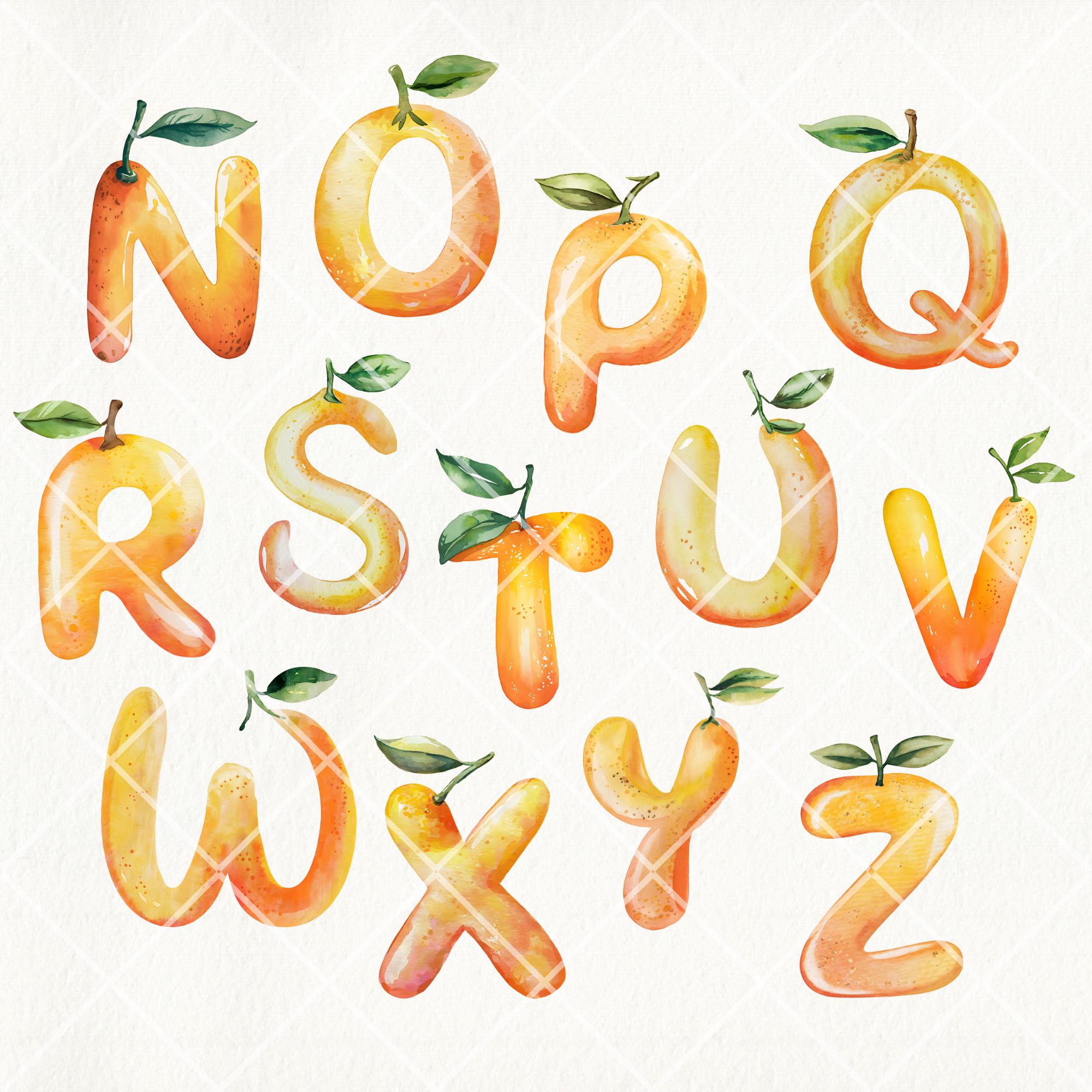 Watercolor Orange Alphabet Letters PNG Clipart Set, Citrus Fruit Font ...