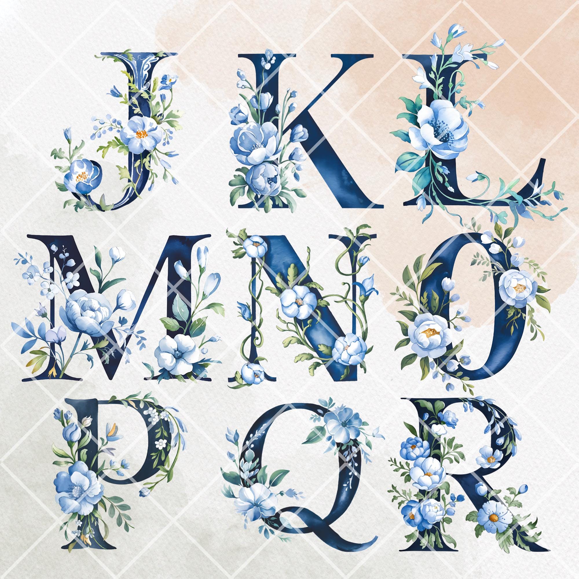 Chinoiserie Alphabet PNG Designs, Watercolor Flowers Alphabet PNG ...