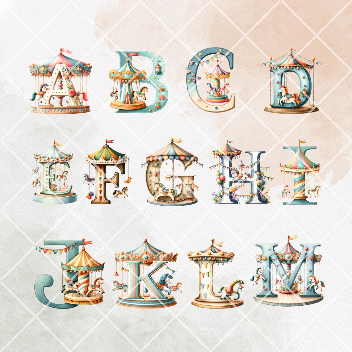 Merry-go-round Alphabet Clipart, Carnival Letters PNG Designs, Vintage ...