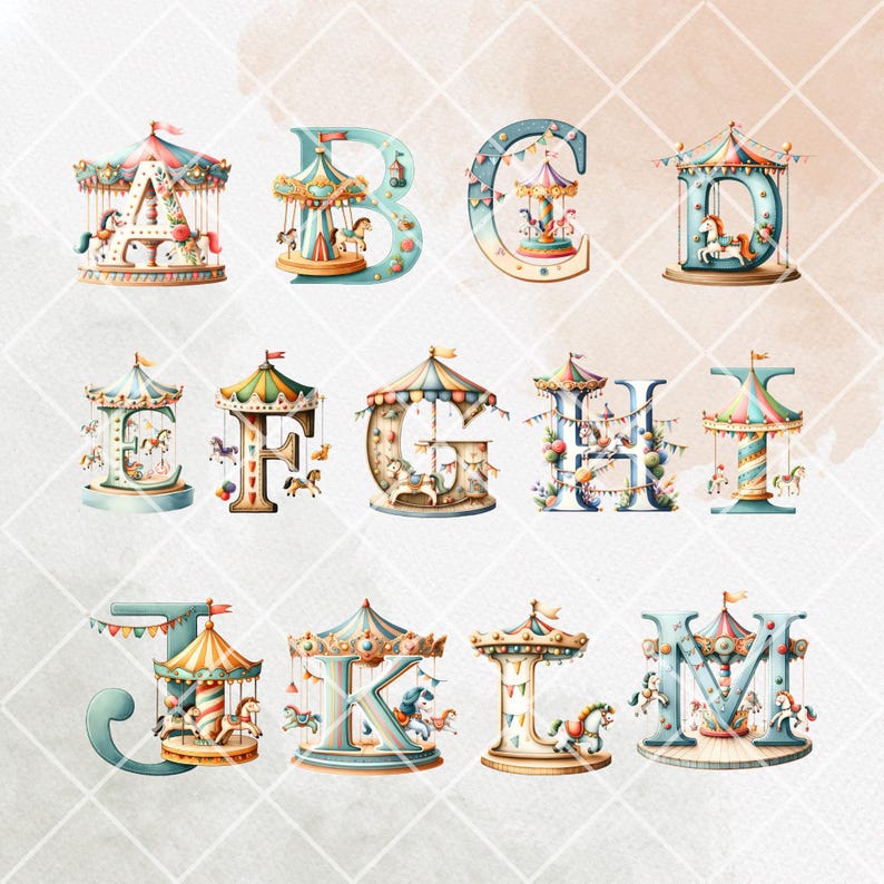 Merry-go-round Alphabet Clipart, Carnival Letters PNG Designs, Vintage ...