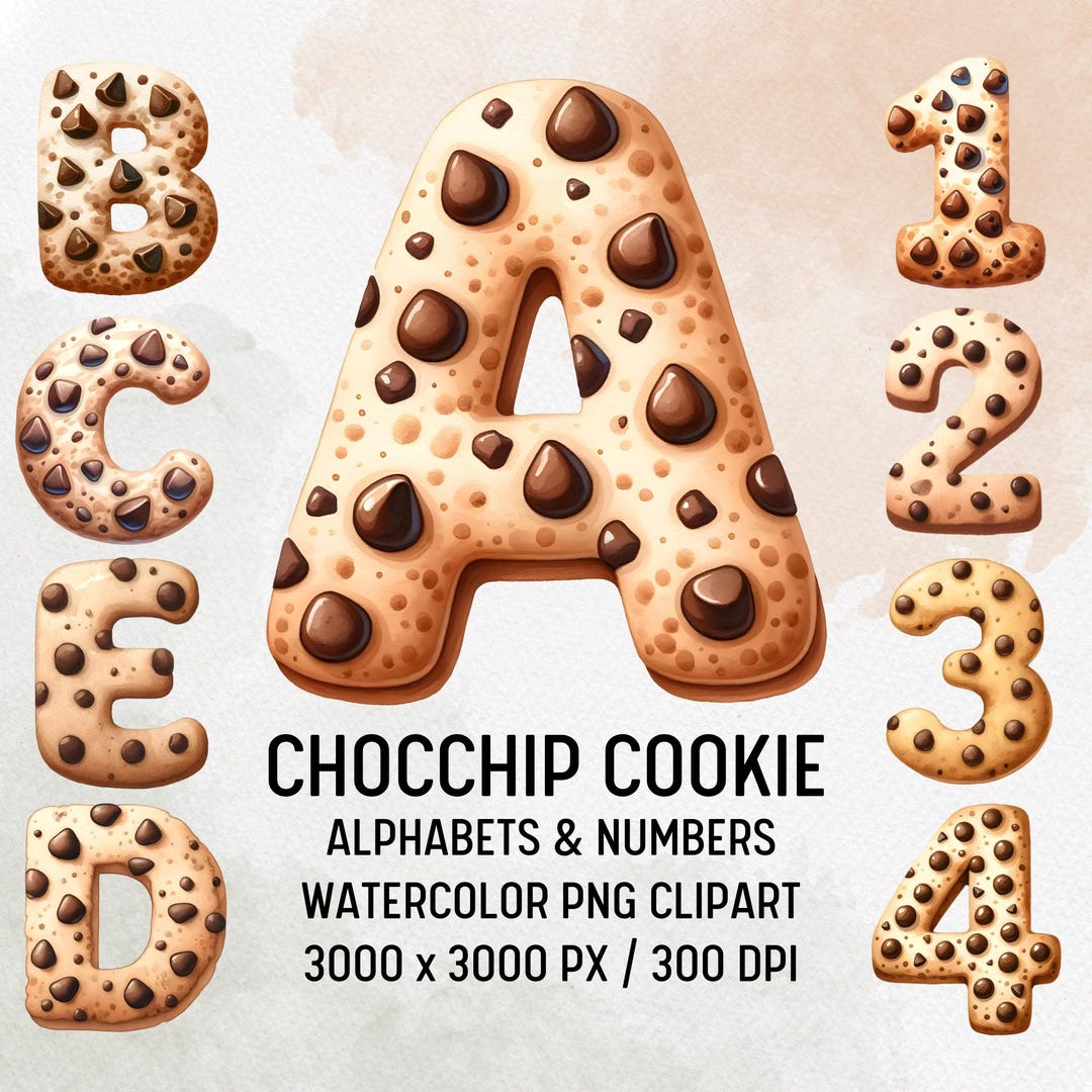 Chocolate Chip Cookie Alphabet Watercolor Clipart: PNG Font (digital ...