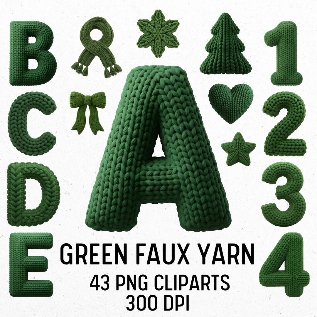 GREEN Faux Yarn Alphabet Clipart PNG Letters Knitted Font Digital ...
