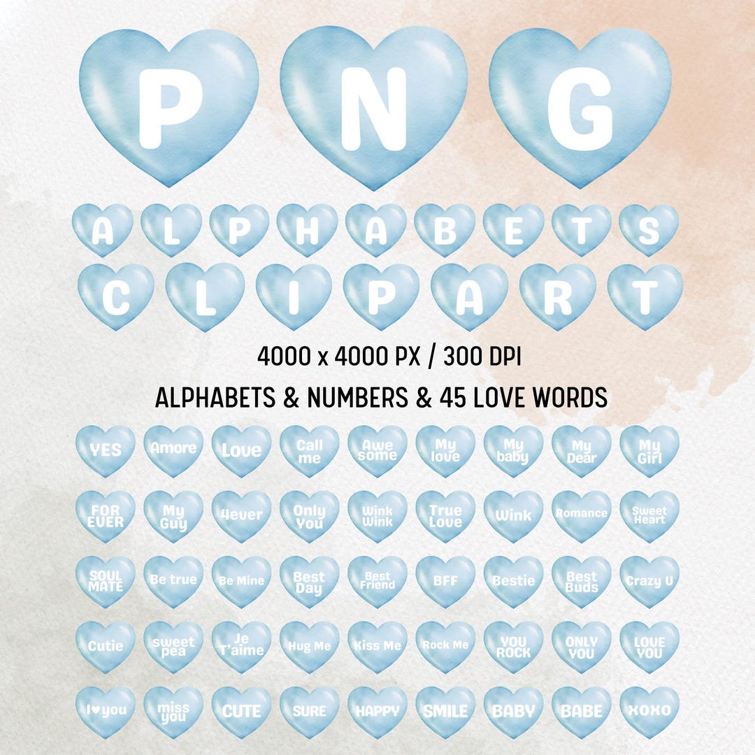 Blue Watercolor Heart Alphabet Clipart: Love Words (digital Download ...