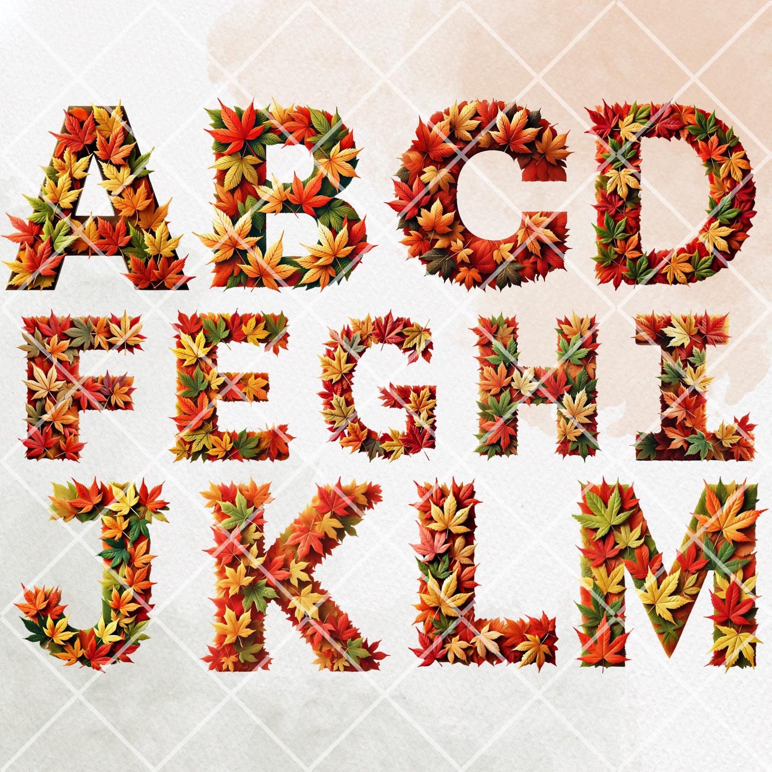 Autumn Maple Leaf Alphabet Clipart: Watercolor PNG Designs (digital ...