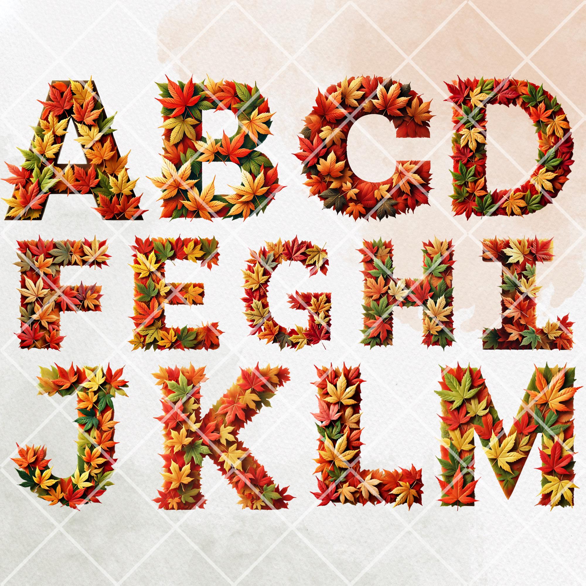 Autumn Maple Leaf Alphabet Clipart: Watercolor PNG Designs (digital ...