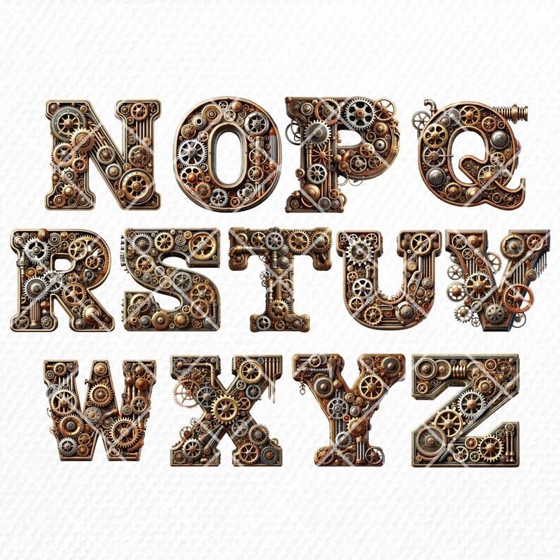 Steampunk Gear Alphabet Clipart: Industrial Metallic Font (PNG Digital ...