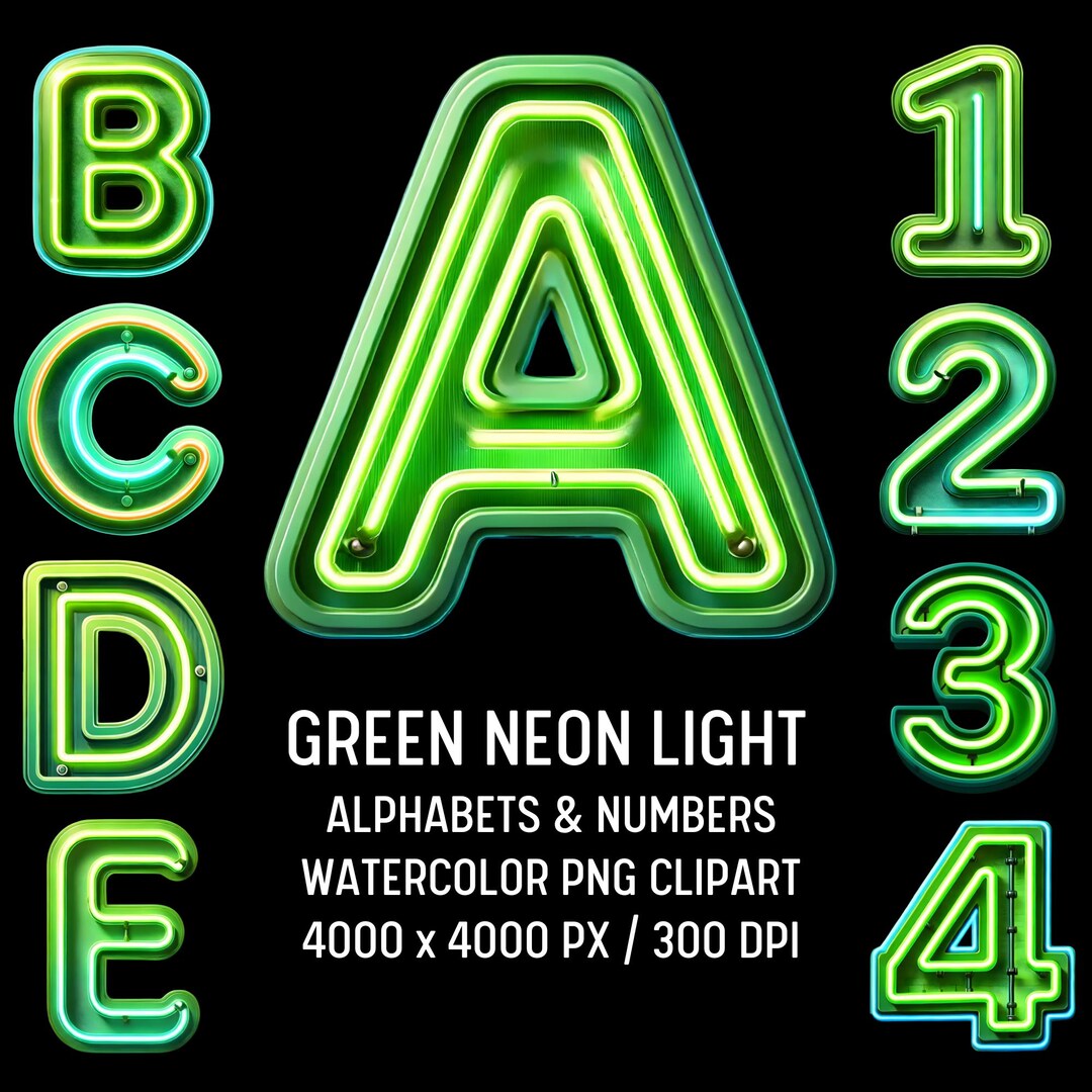 Green Neon Alphabet Clipart Bundle, Neon Letters PNG Designs, Neon ...