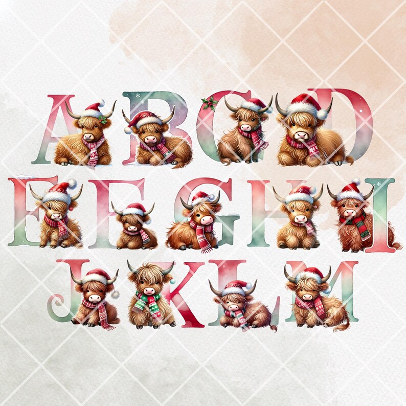 Highland Cow Christmas Clipart, Letters & Numbers (PNG) - Etsy
