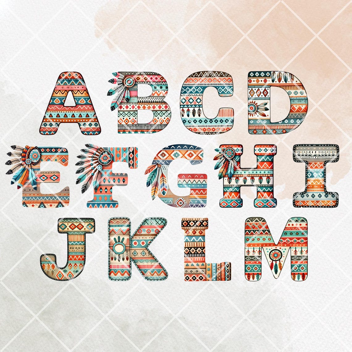 Tribal Alphabet Clipart: Native American Pattern PNG Designs (digital ...