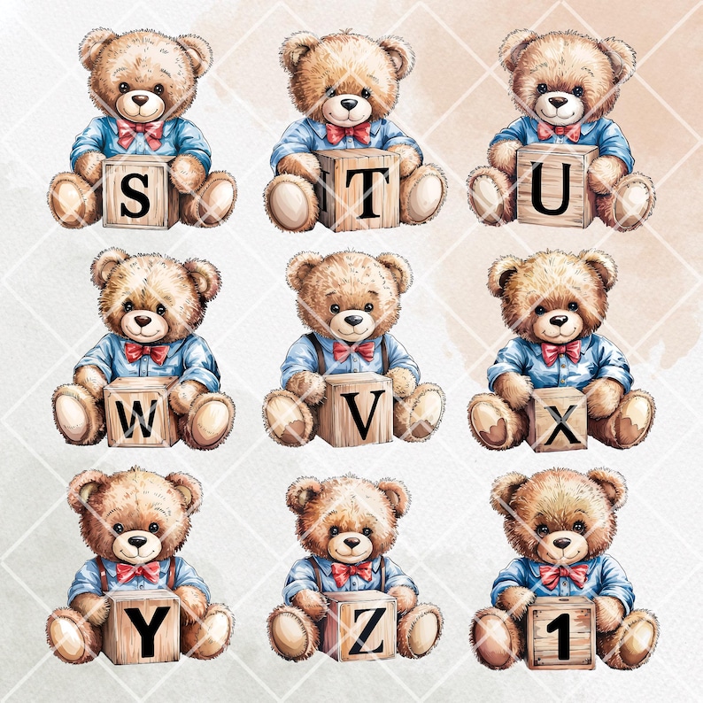 Teddy Bear Alphabet Clipart: Nursery Decor PNG Letters (digital ...