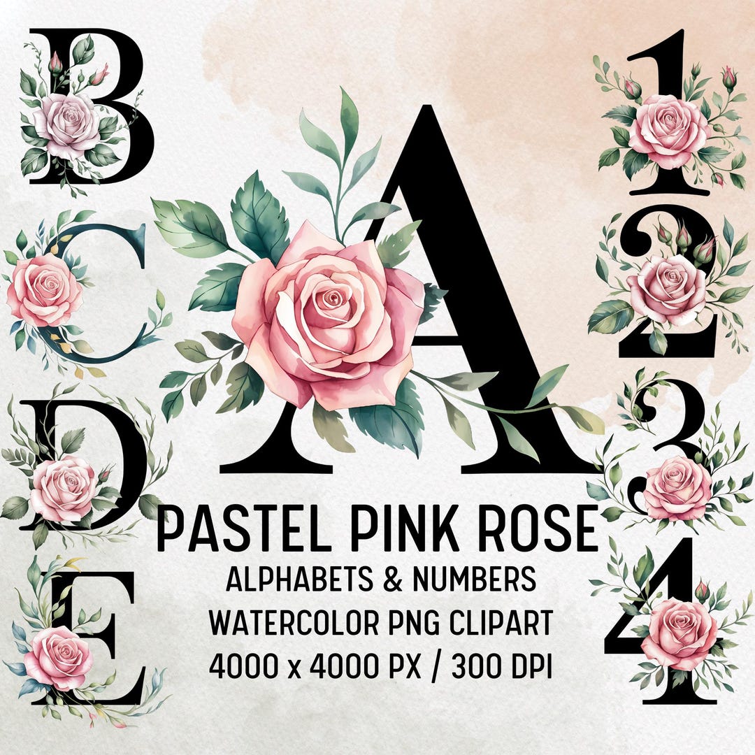 Watercolor Flowers Alphabet PNG, Pink Rose Black Alphabets Clipart ...