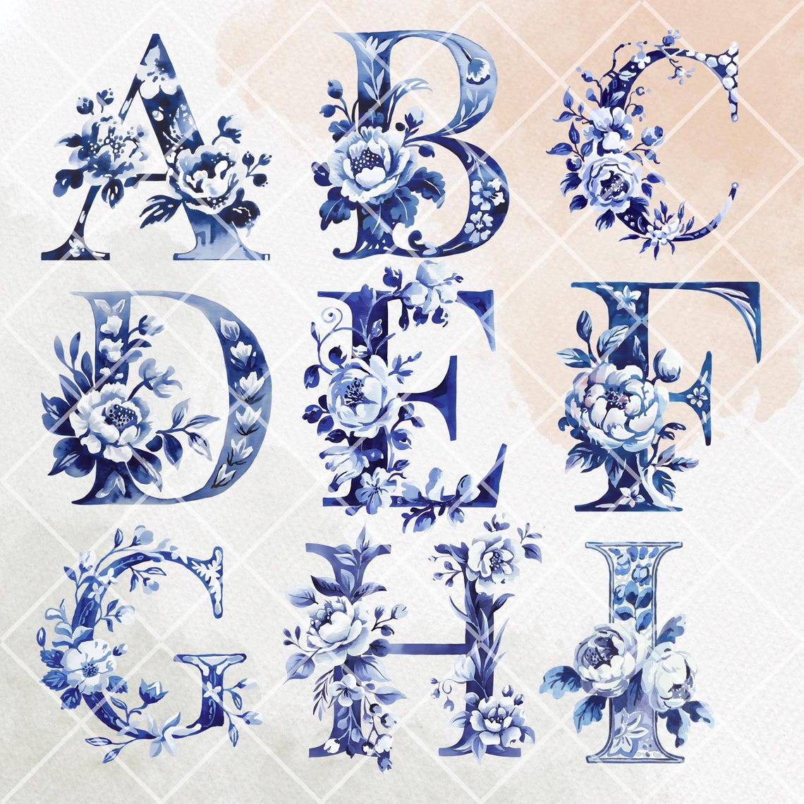 Chinoiserie Floral Alphabet PNG Clipart: Watercolor Blue Letters ...