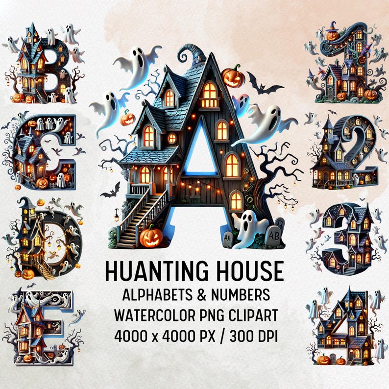 Halloween Haunted House Alphabet Clipart (PNG) - Etsy