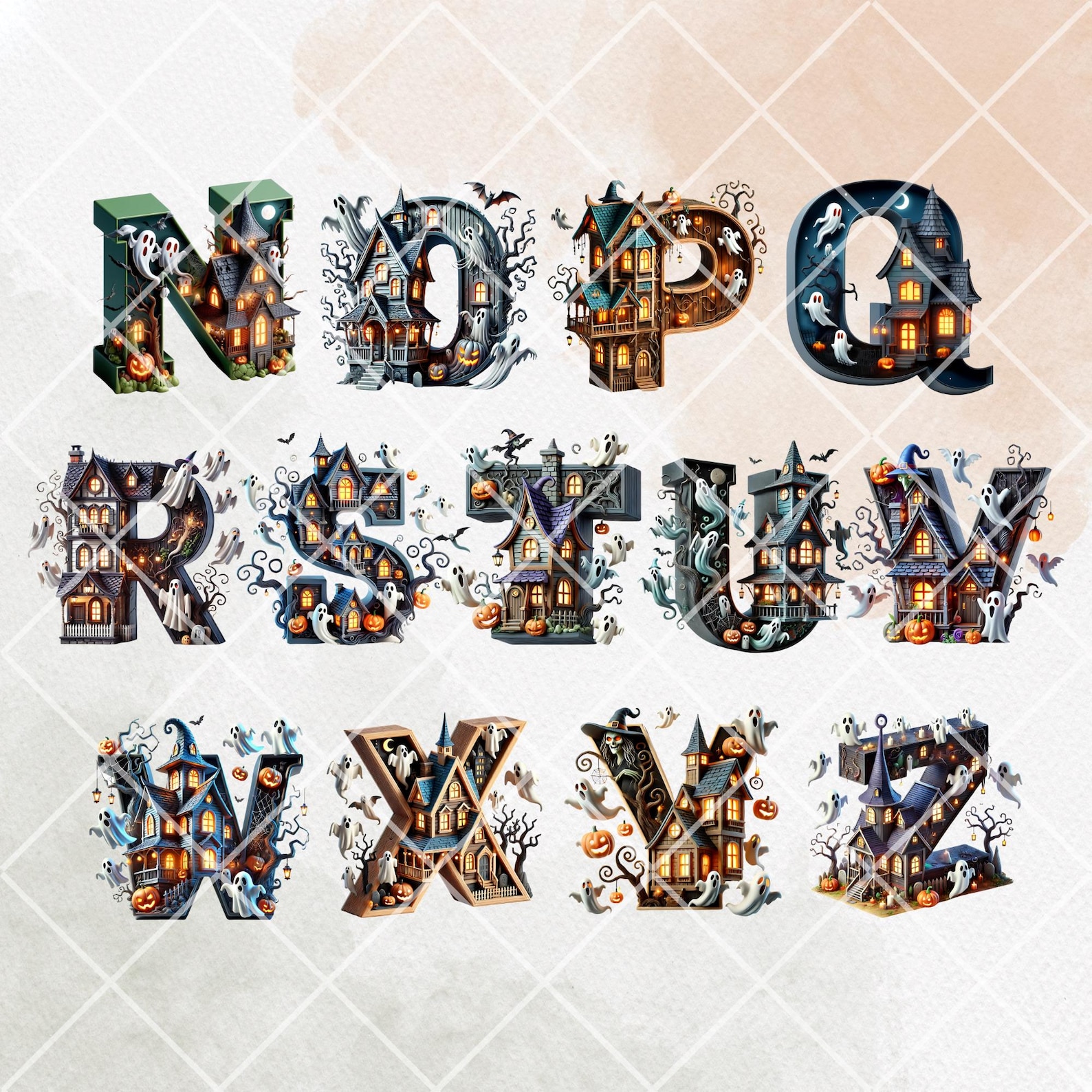 Halloween Haunted House Alphabet Clipart (PNG) - Etsy