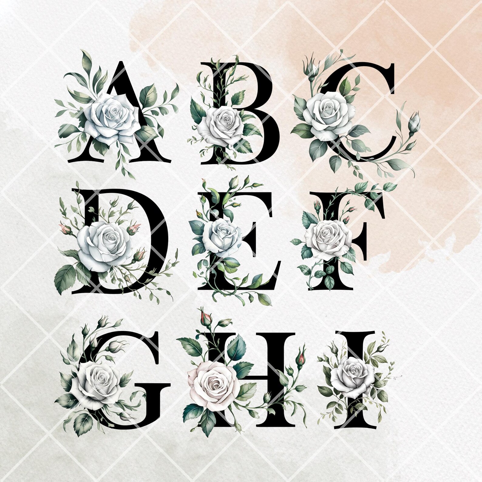 Watercolor Flowers Alphabet PNG, White Rose Black Alphabets Clipart ...