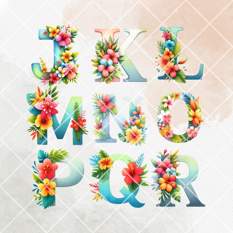 Tropical Floral Alphabet Clipart: PNG Watercolor Letters (digital ...
