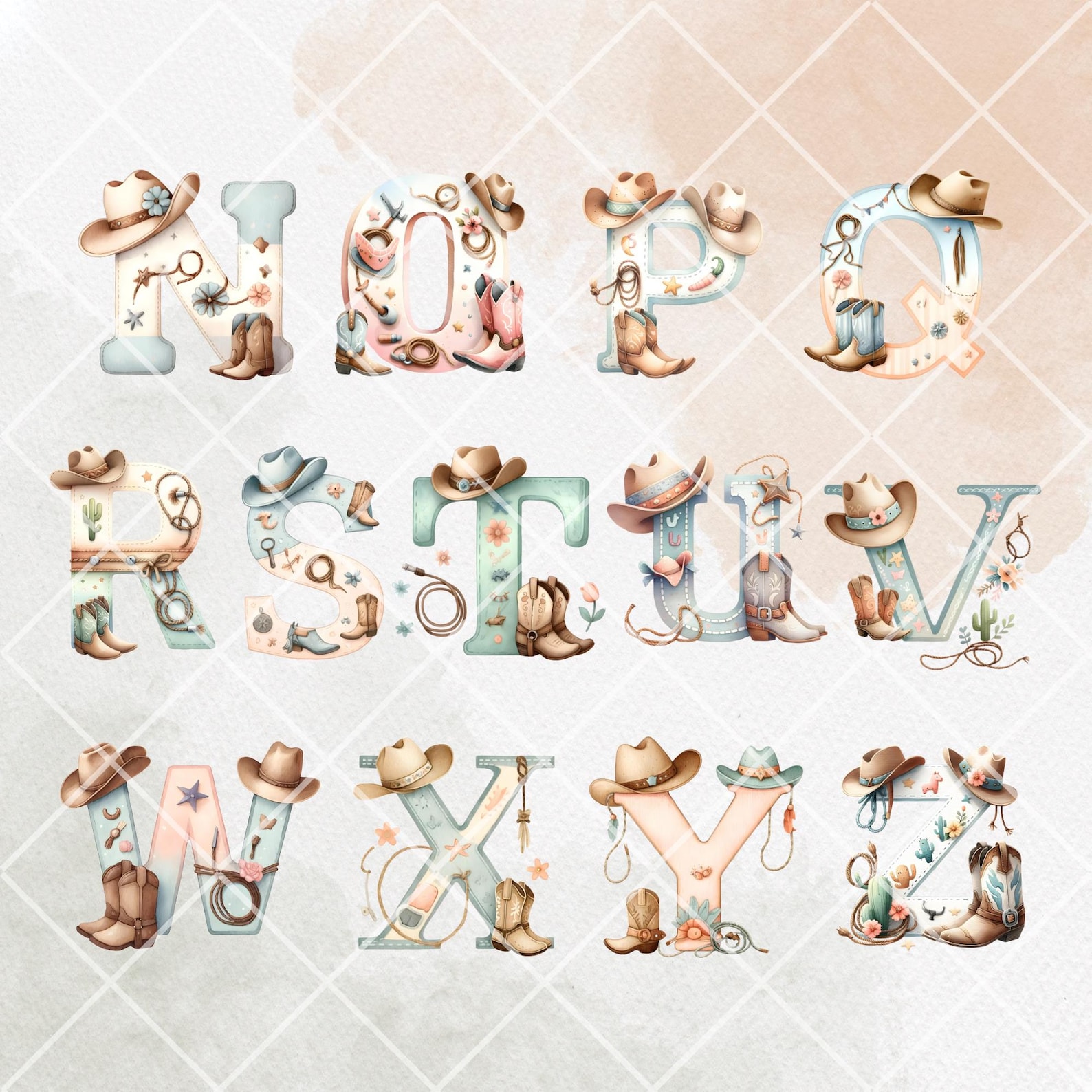 Cowboy Alphabet Clipart, Western Rodeo Letters PNG Designs, Rustic Wild ...