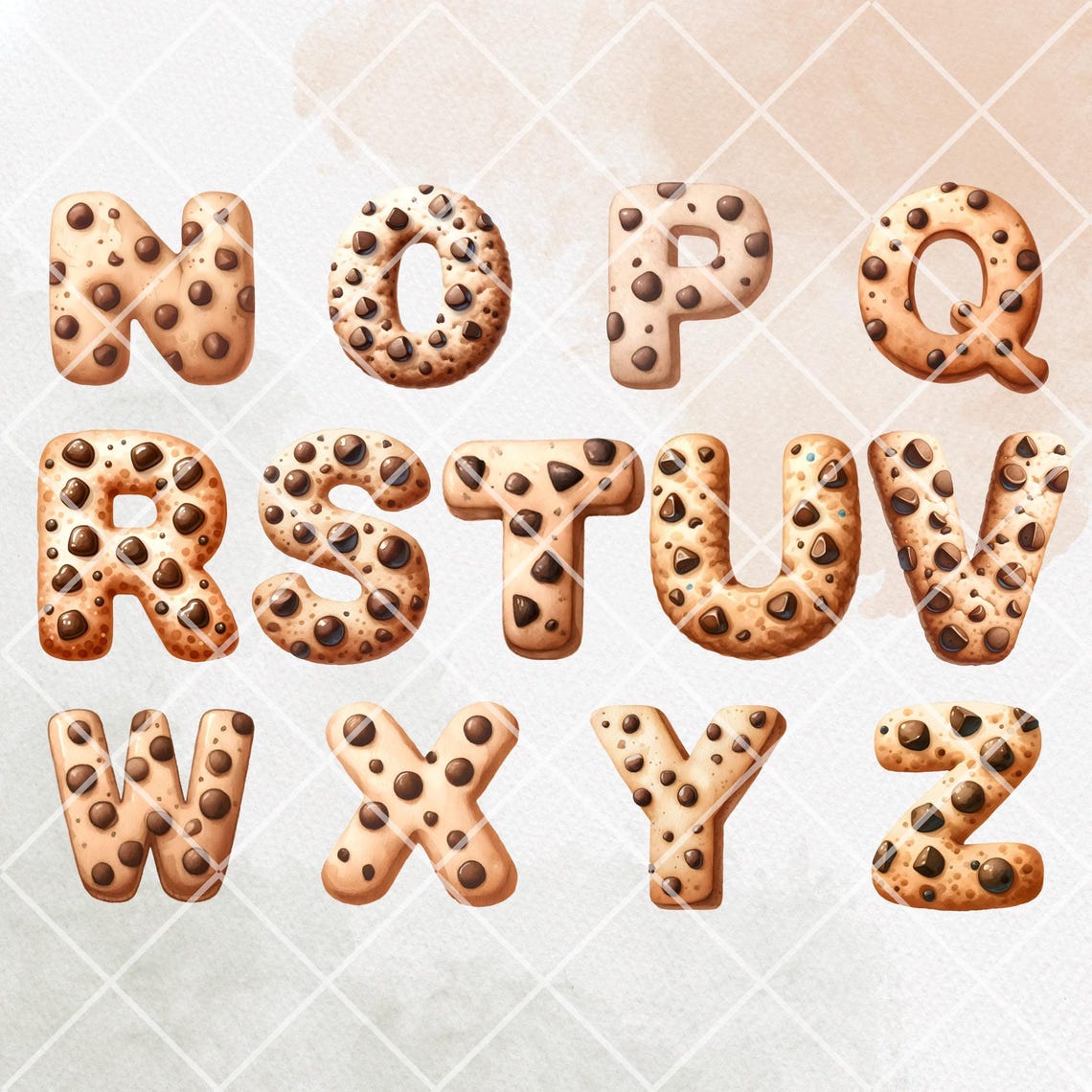 Chocolate Chip Cookie Alphabet Watercolor Clipart: PNG Font (digital ...