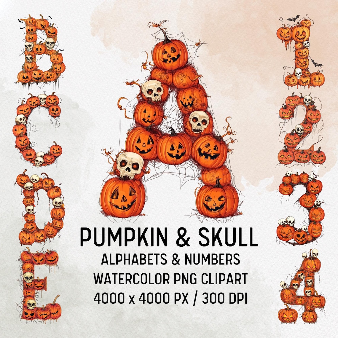 Pumpkin Skull Alphabet Clipart, Spooky Halloween Font (PNG Digital ...