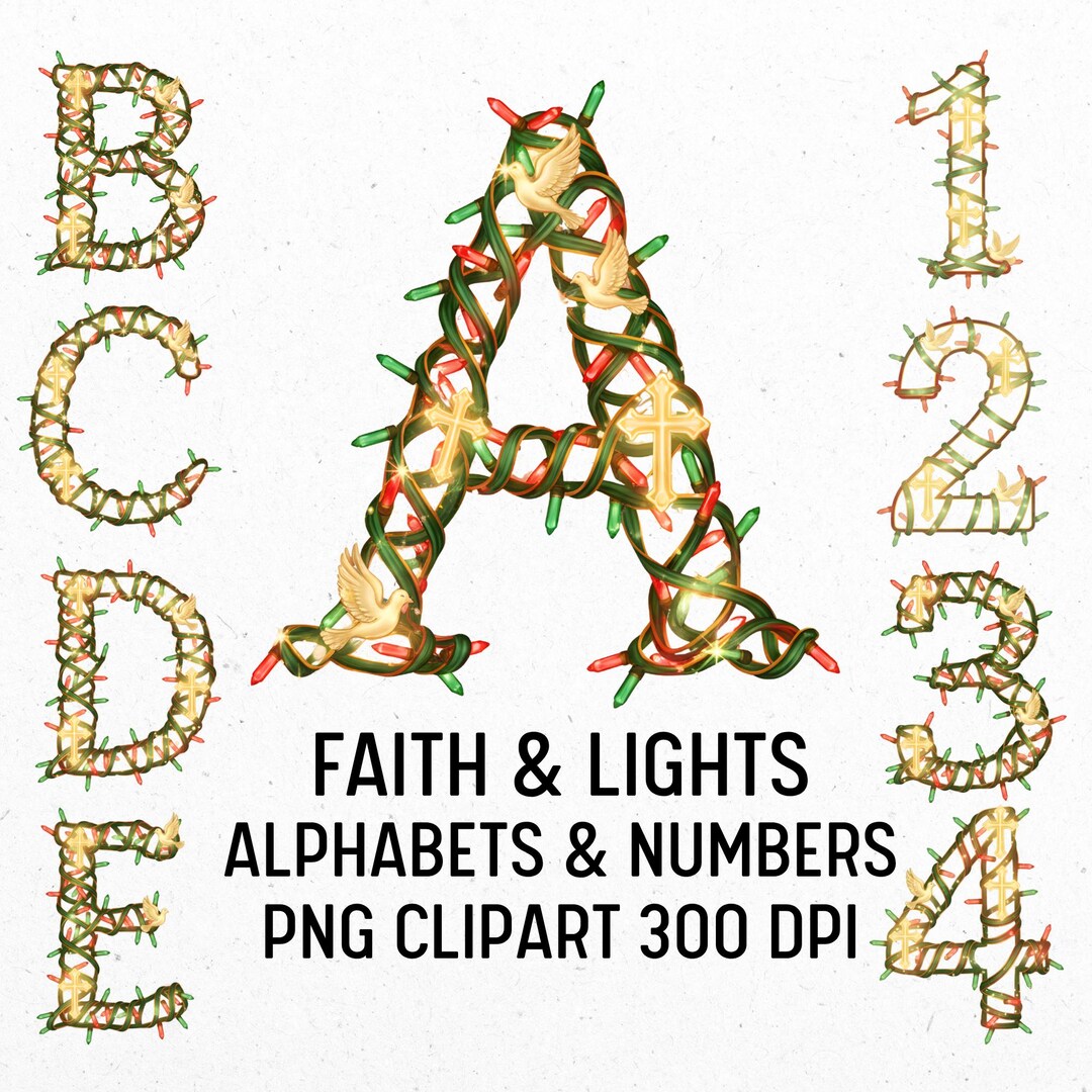 Faith & Christmas Lights Alphabet PNG, Festive Christian Holiday Font ...