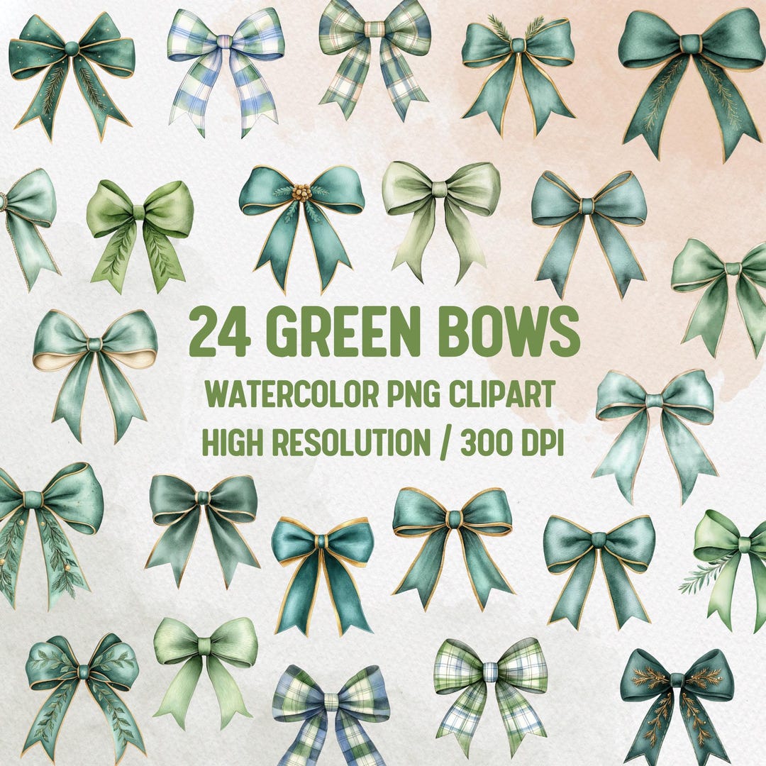 Green Bows Watercolor Clipart, Hand Painted Ribbon PNG, Elegant Bow ...