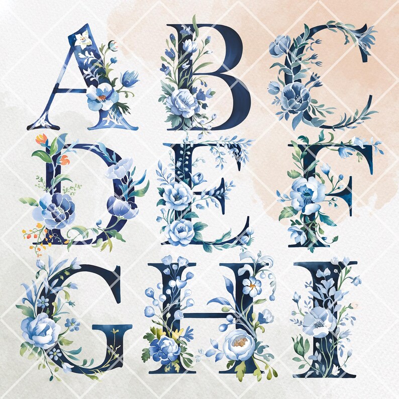 Chinoiserie Alphabet PNG Designs, Watercolor Flowers Alphabet PNG ...