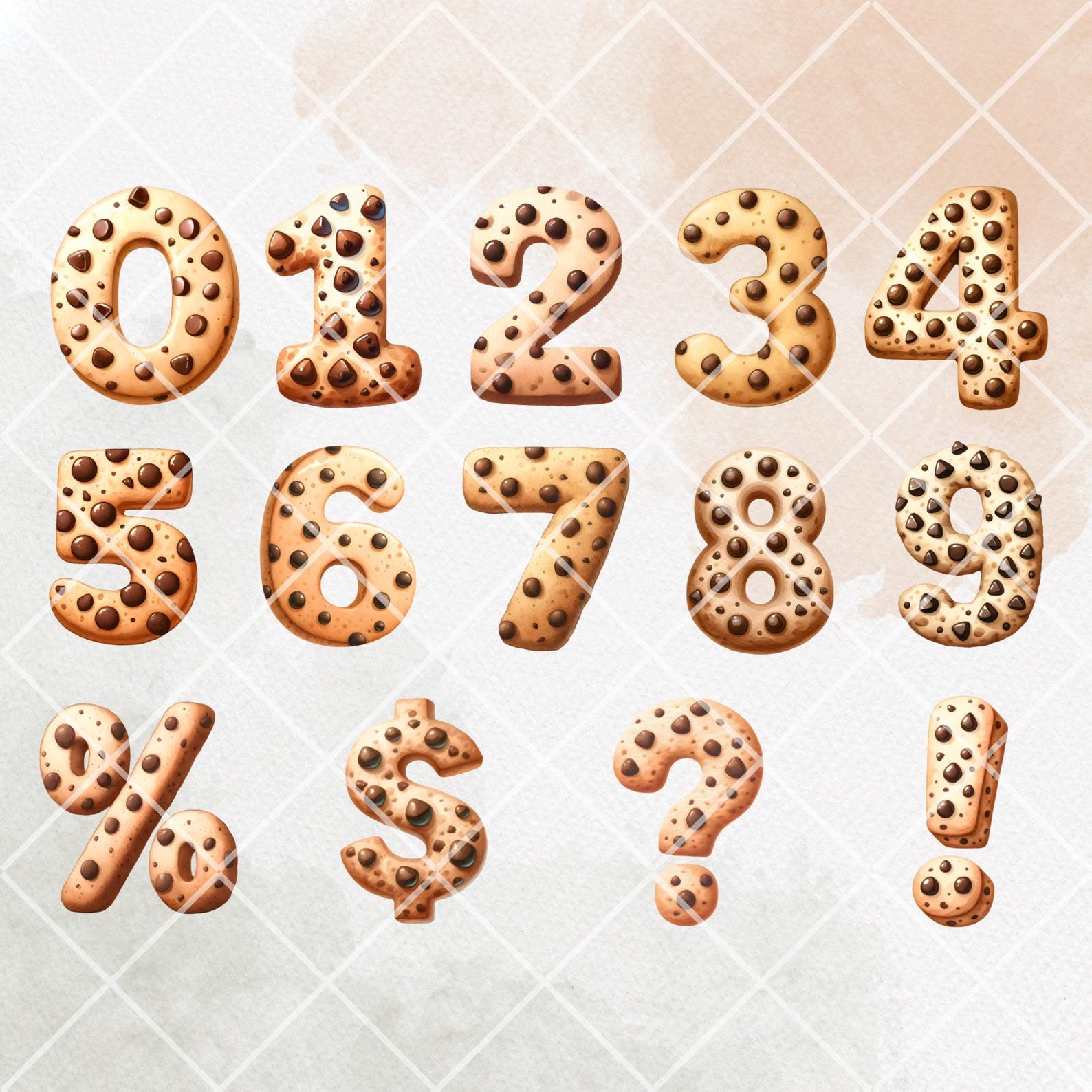 Chocolate Chip Cookie Alphabet Watercolor Clipart: PNG Font (digital ...