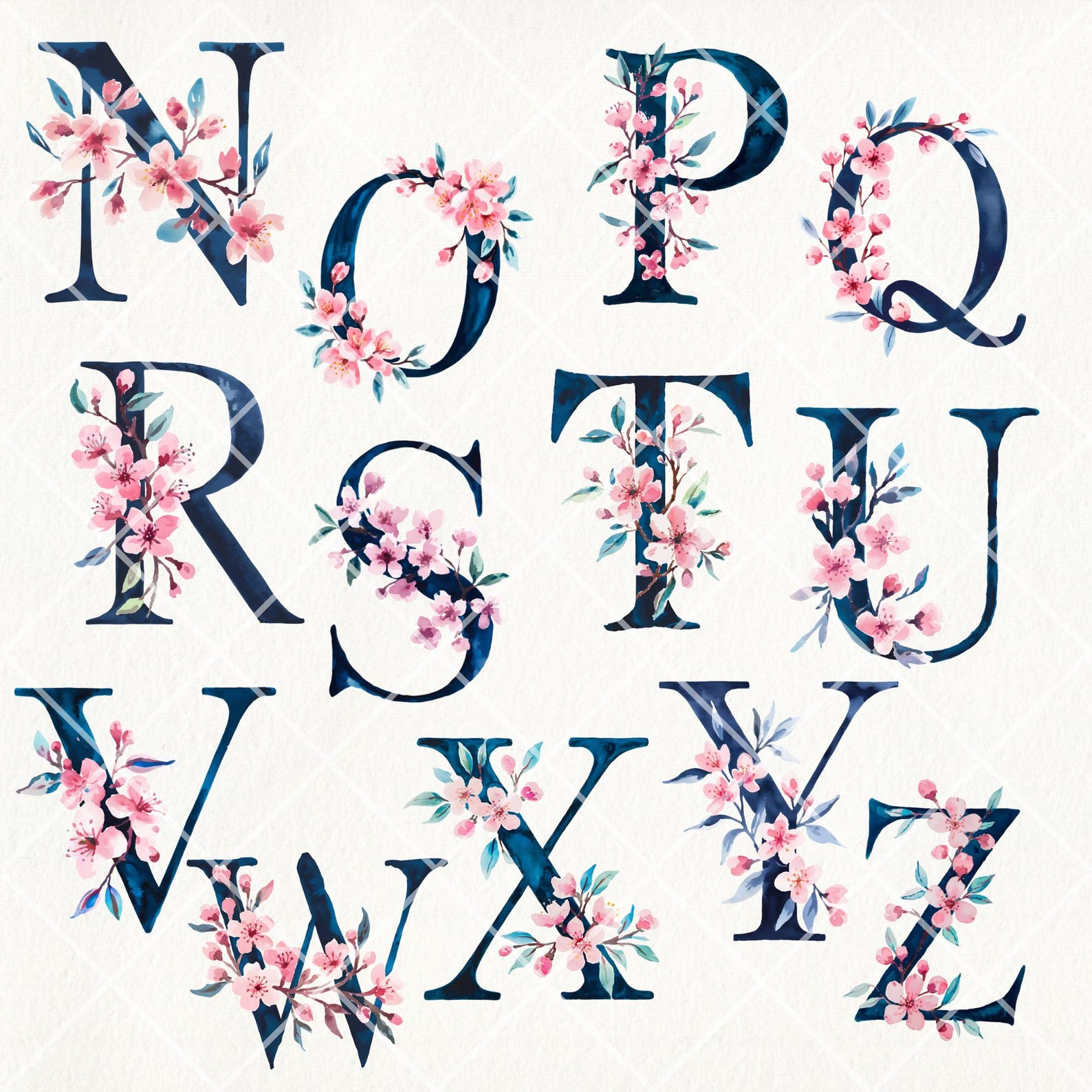 Cherry Blossom Alphabet Clipart: Watercolor Floral Letters, Spring Font ...