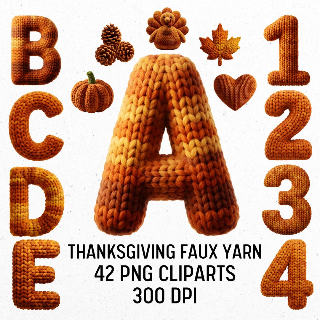 Fall Faux Yarn Thanksgiving Alphabet Clipart PNG Letters Orange Knitted ...