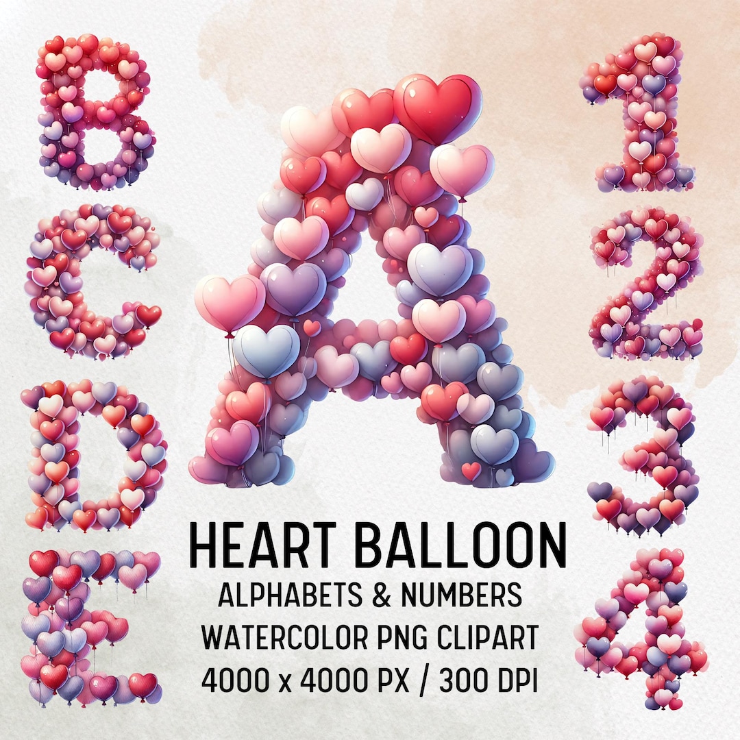 Heart Balloon Alphabet Clipart: Romantic PNG Letters (digital Download ...