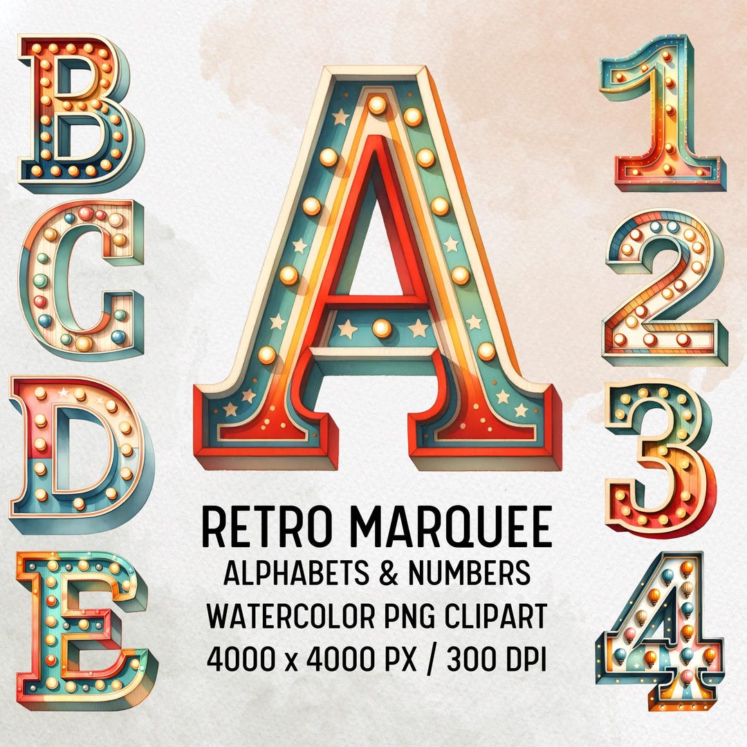Retro Marquee Alphabet Clipart, Vintage Theater Letter, Light Bulb Sign ...