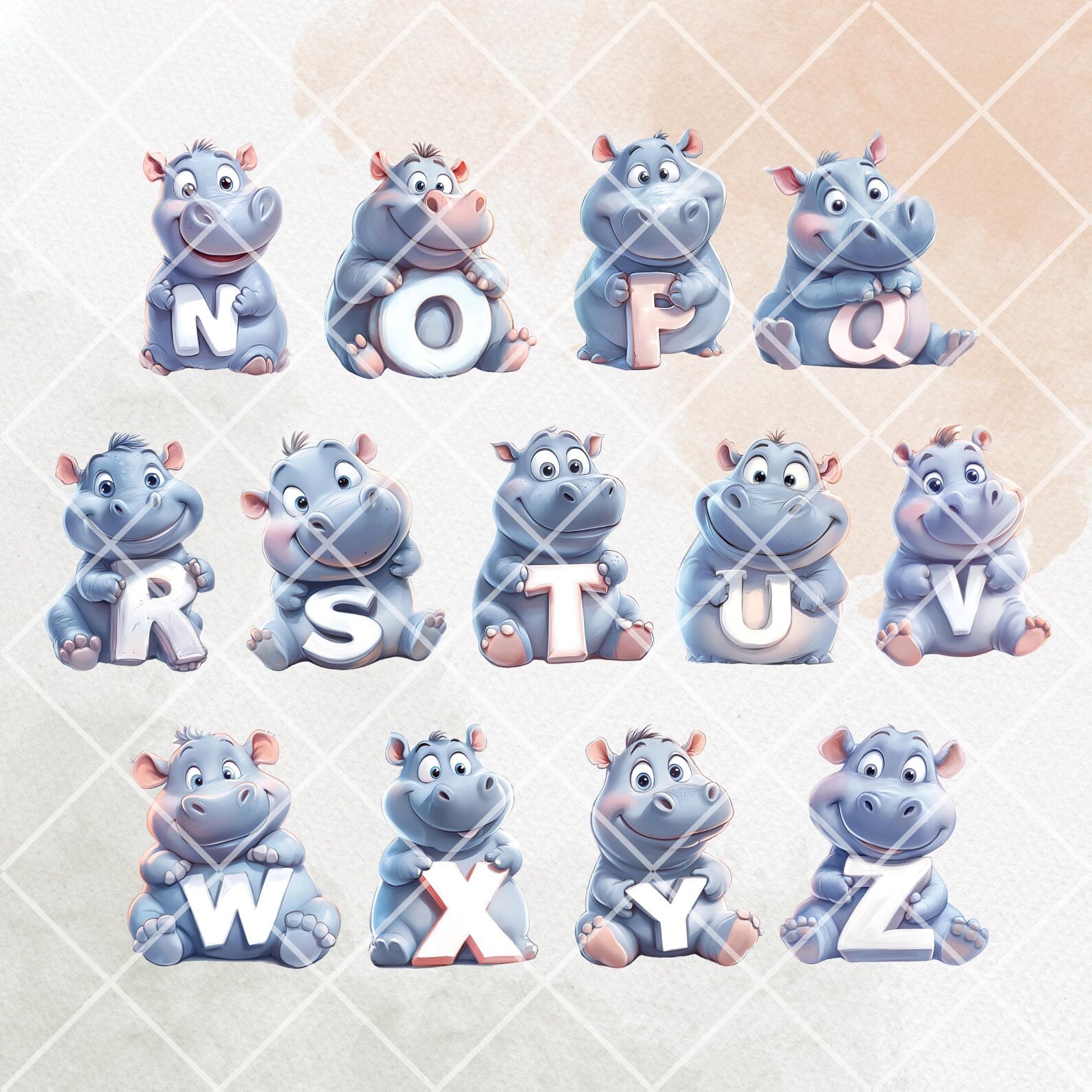 Cute Baby Hippo Alphabet Clipart, Adorable Hippo Letters PNG ...