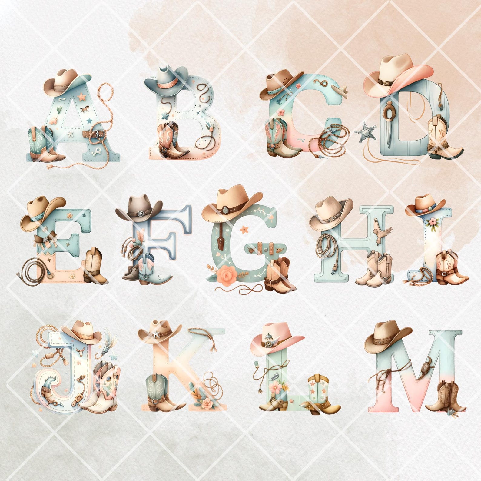Cowboy Alphabet Clipart, Western Rodeo Letters PNG Designs, Rustic Wild ...