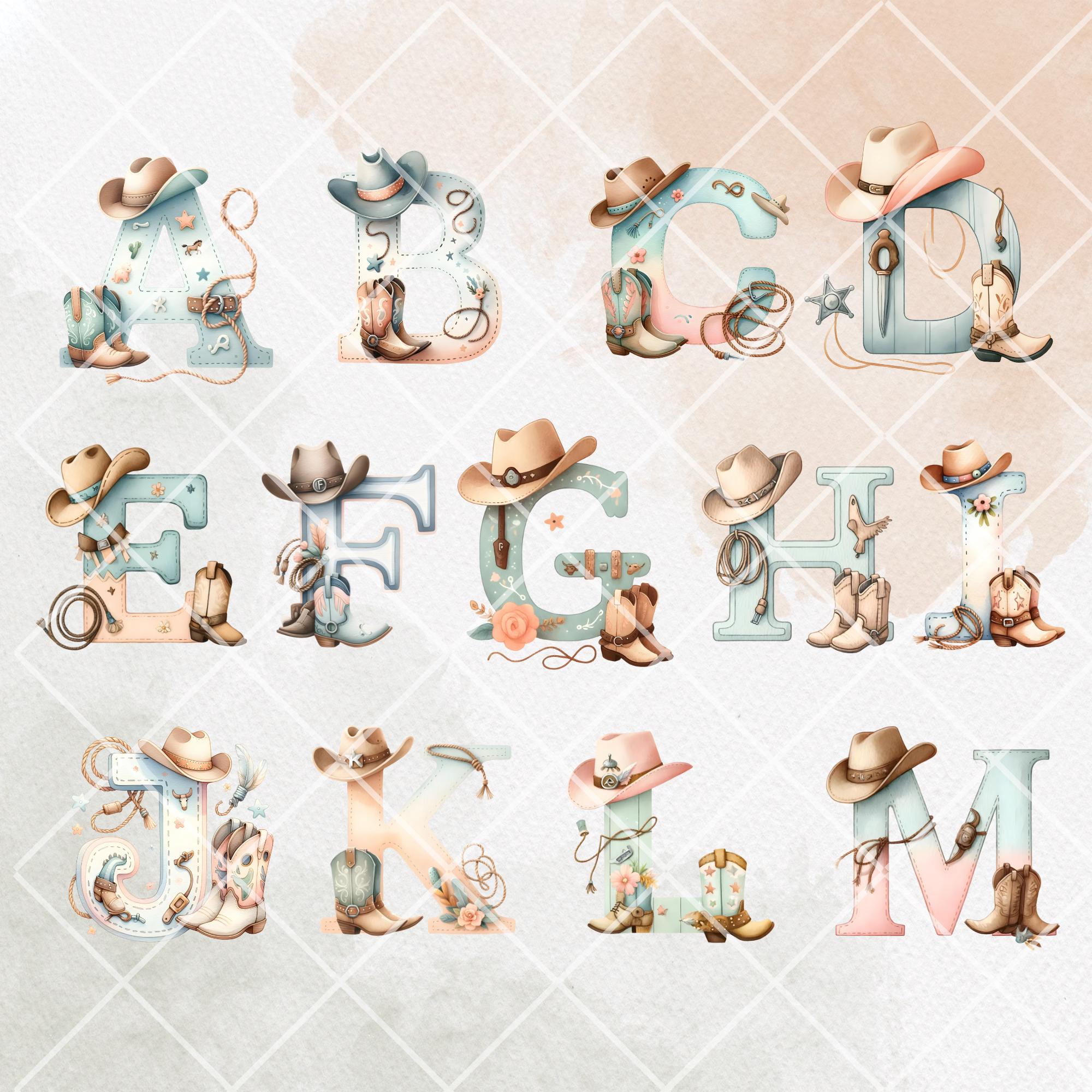 Cowboy Alphabet Clipart, Western Rodeo Letters PNG Designs, Rustic Wild ...