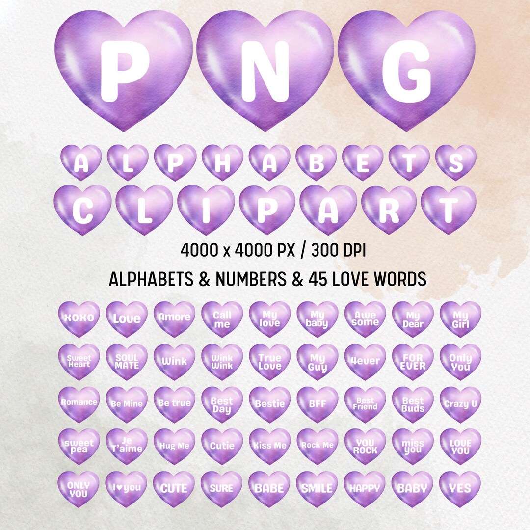 Purple Watercolor Heart Alphabet Clipart: Love Words (digital Download ...