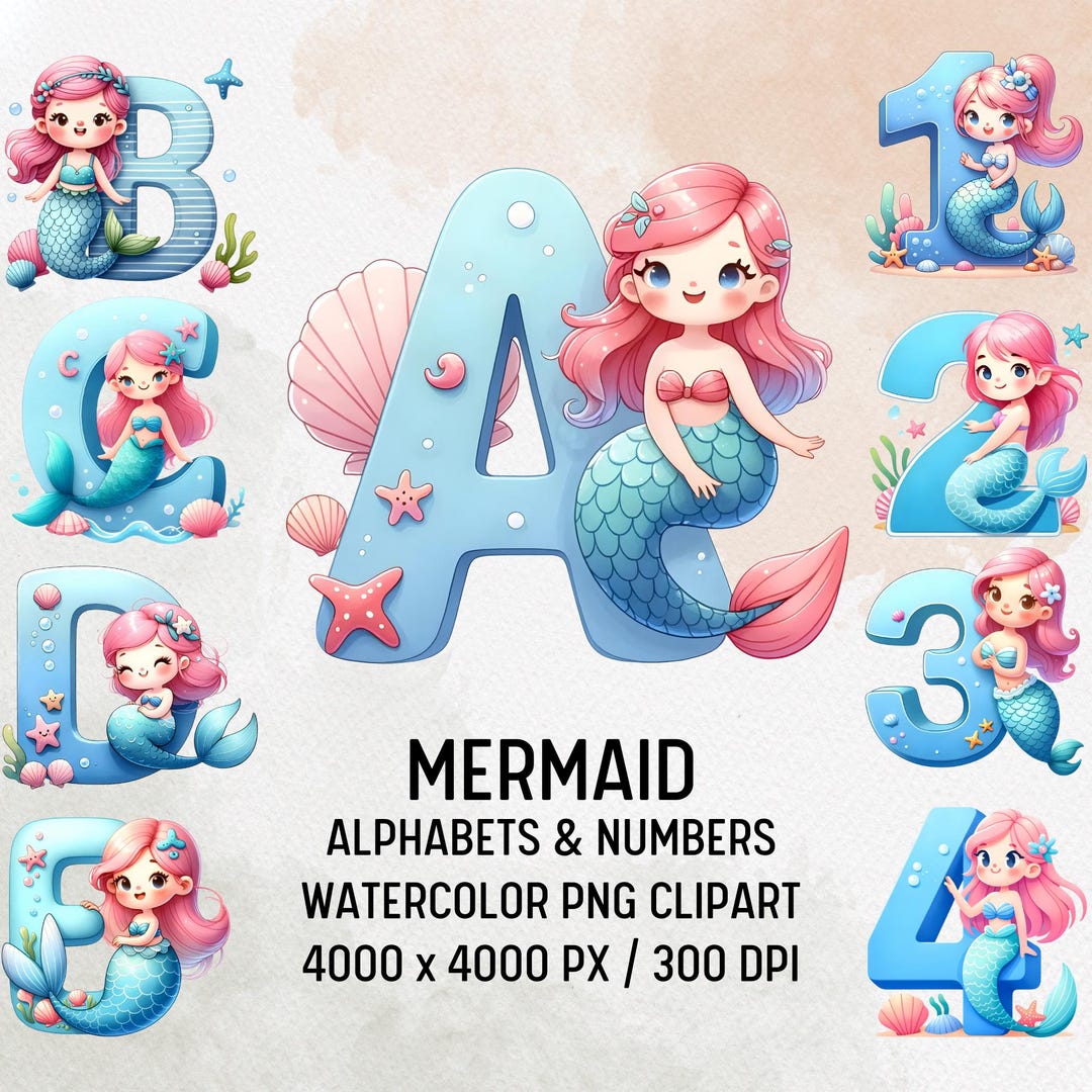 Mermaid Alphabet Clipart, Ocean Fantasy Letters PNG, Underwater Sea ...