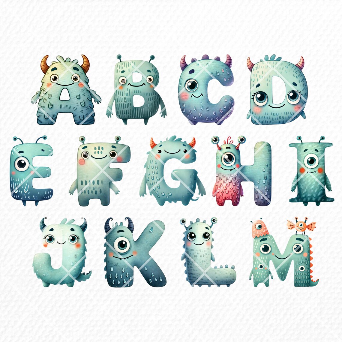 Monster Alphabet Clip Art: Watercolor Letters (digital Download) - Etsy