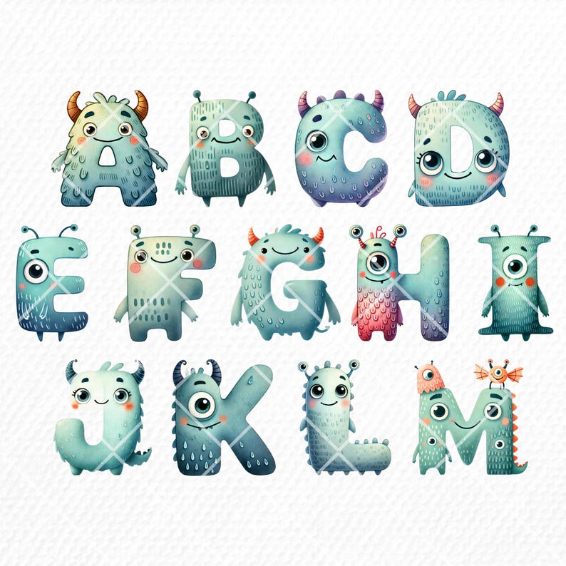 Monster Alphabet Clip Art, Watercolor Letters for Kids, Teachers ...