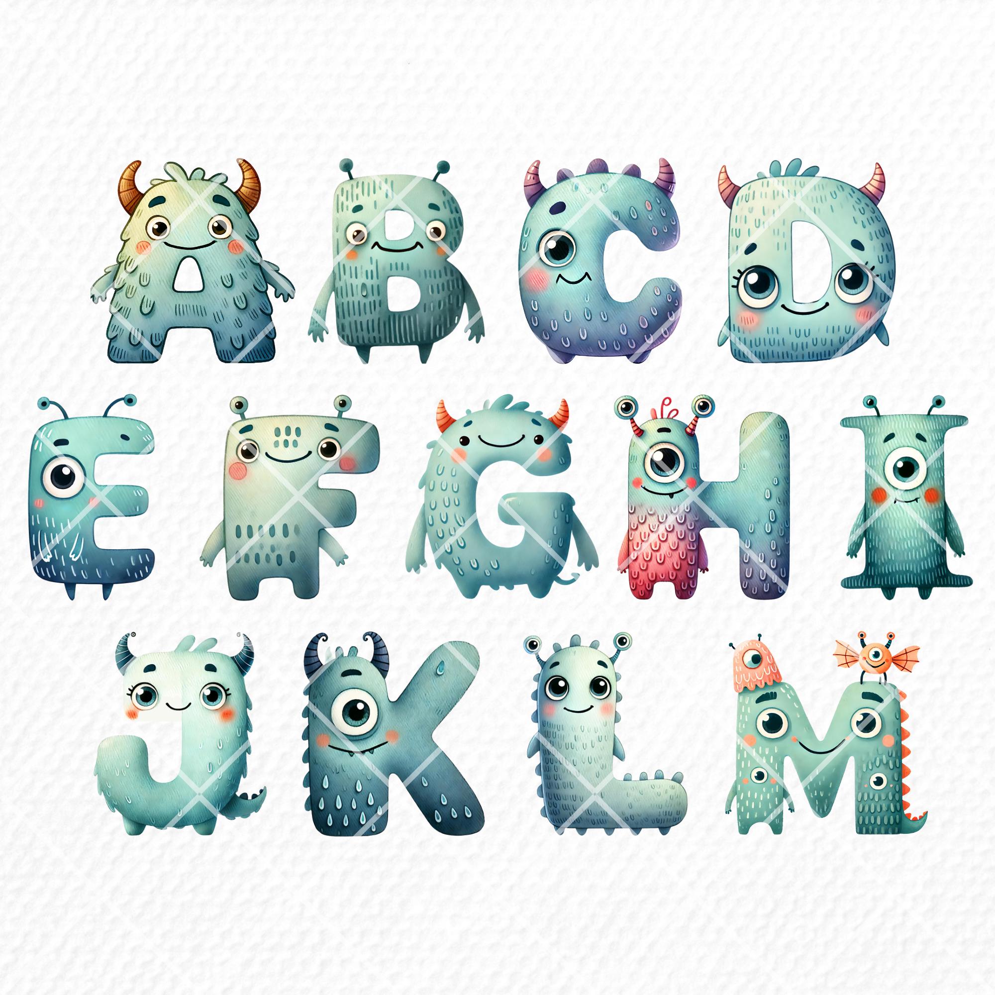 Monster Alphabet Clip Art, Watercolor Letters for Kids, Teachers ...