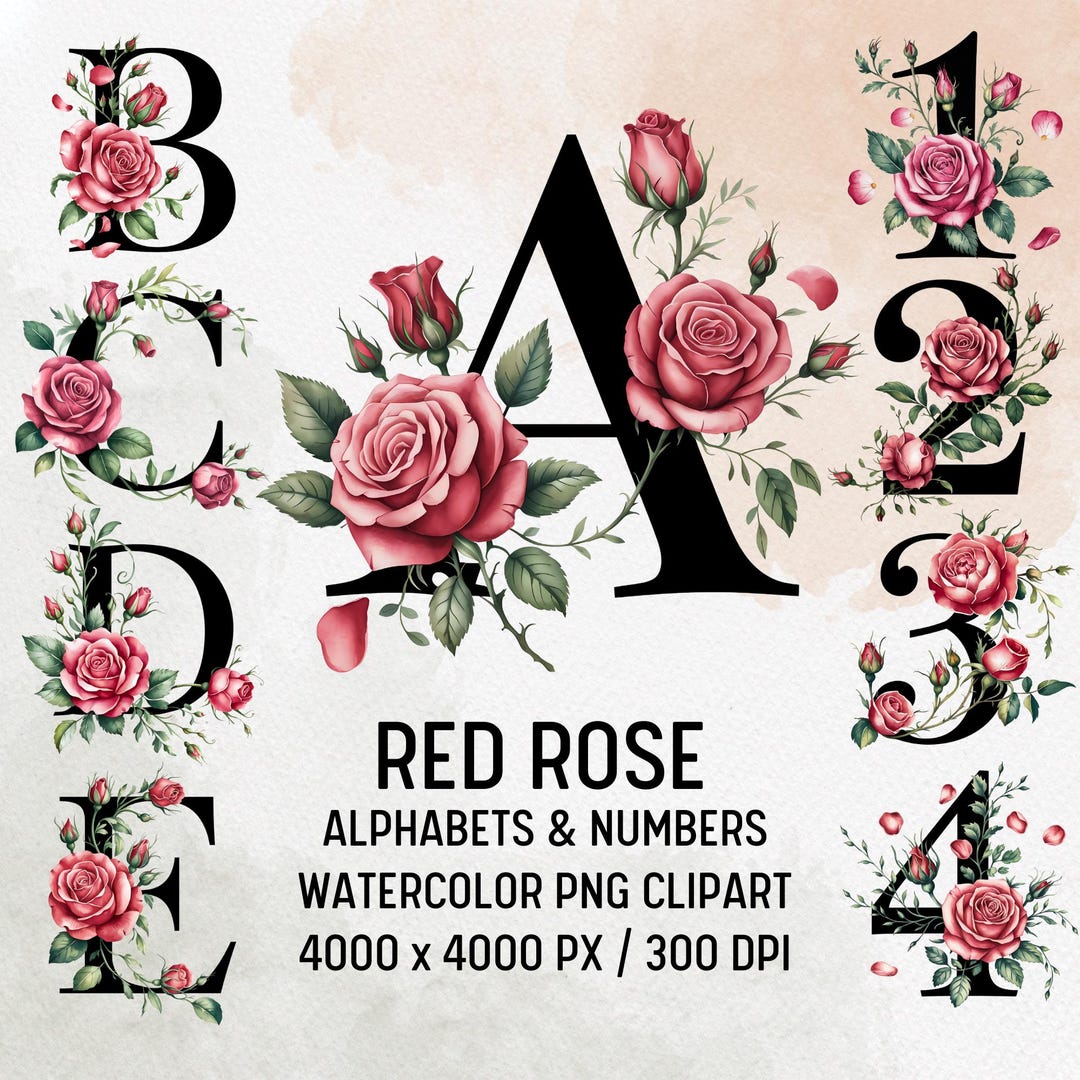 Red Rose Floral Alphabet Clipart: Black Letters (PNG Digital Download ...
